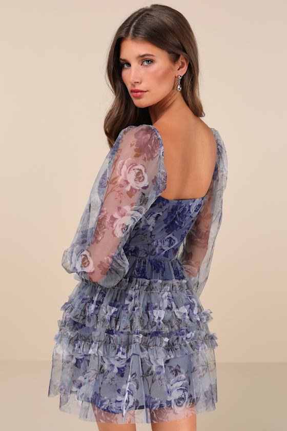 Blue Floral Mesh Dress - Mesh Ruffled Dress - Tiered Mini Dress - Lulus