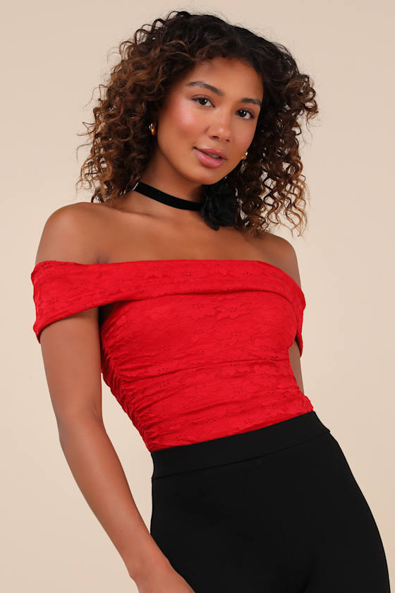 Red Lace Bodysuit - Off-the-Shoulder Bodysuit - Ruched Bodysuit - Lulus