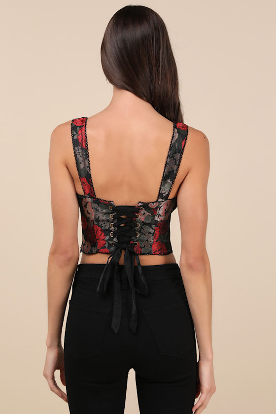 NIA Elizabeth Top - Black Multi Jacquard Top - Lace-Up Corset Top - Lulus
