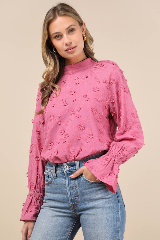 Pink Embroidered Top - Mock Neck Blouse - 3D Applique Top - Top - Lulus