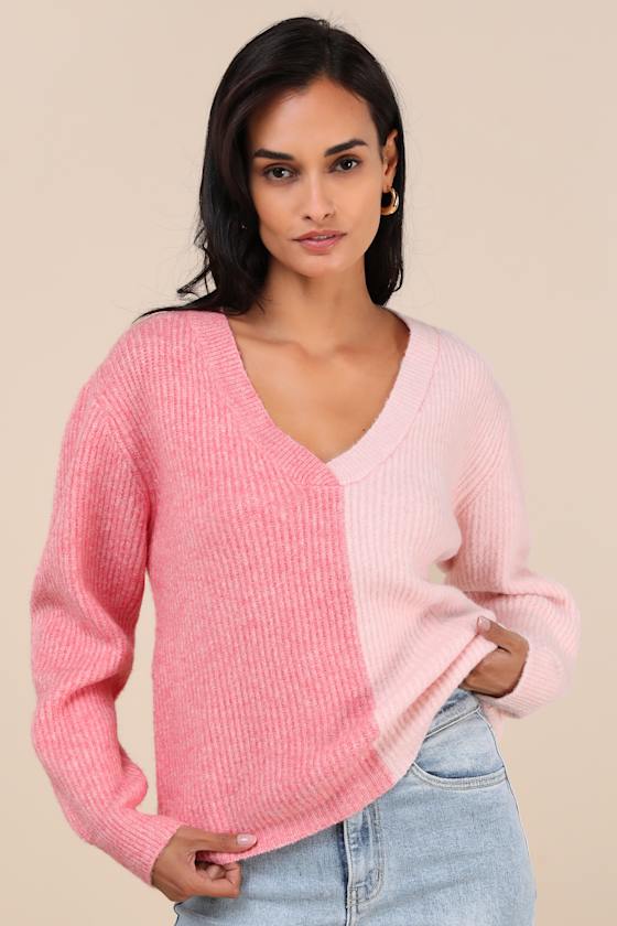 Pink Color Block Sweater - Pullover Sweater - V-Neck Sweater - Lulus