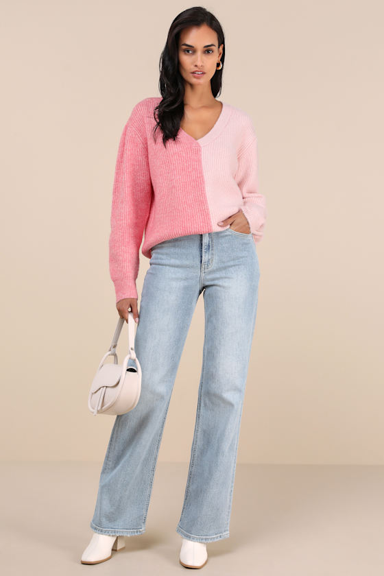 Pink Color Block Sweater - Pullover Sweater - V-Neck Sweater - Lulus