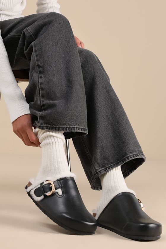 Black Buckle Mule Slides - Faux Fur Mule Slides - Slide-On Clogs - Lulus