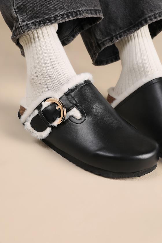 Black Buckle Mule Slides - Faux Fur Mule Slides - Slide-On Clogs - Lulus