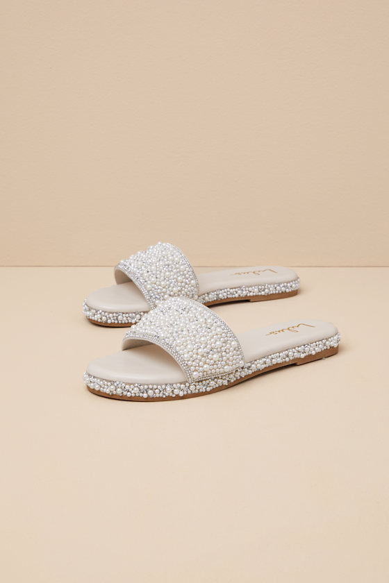 Sparkly Ivory Sandals - Pearl Rhinestone Sandals - Slide Sandals - Lulus