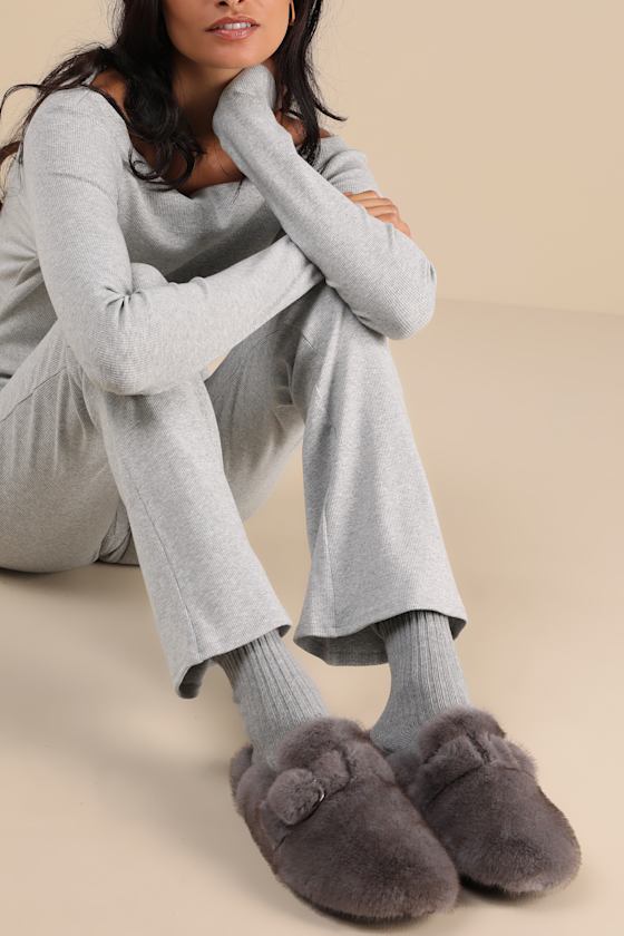 Steve Madden Bohan - Grey Faux Fur Slides - Buckle Mule Slides - Lulus