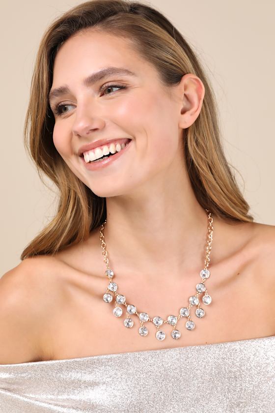 Gold Rhinestone Necklace - Statement Necklace - Chunky Necklace - Lulus