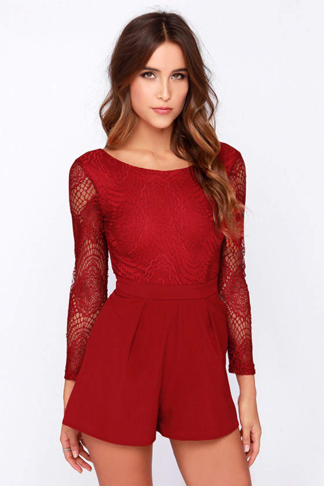 Sexy Wine Red Romper- Lace Romper - Long Sleeve Romper - $48.00 - Lulus