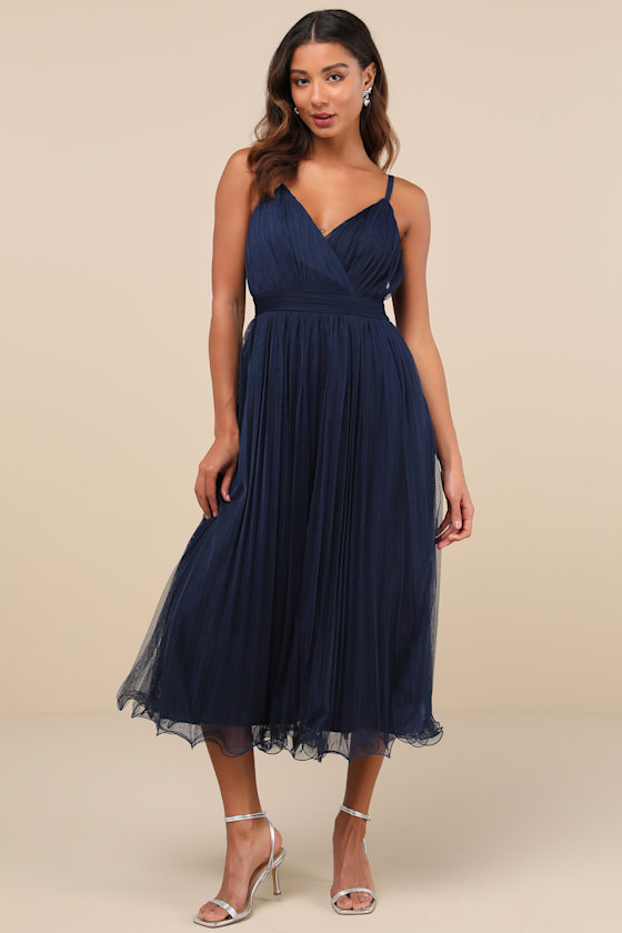 Navy Pleated Midi Dress - Tulle Midi Dress - Surplice Midi Dress - Lulus