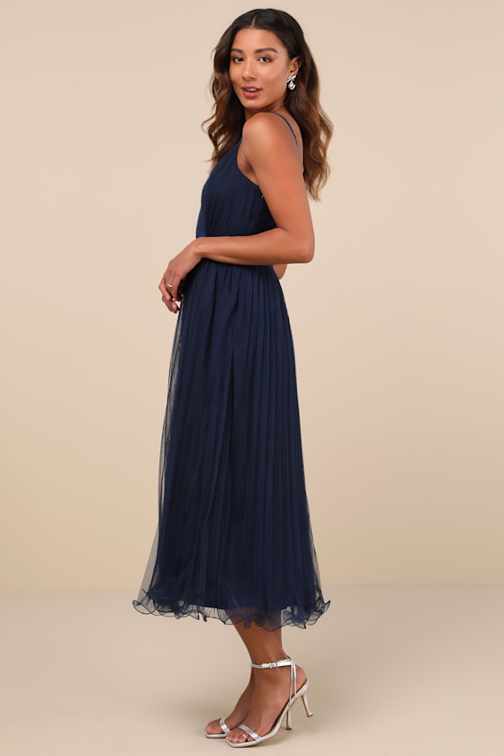Navy Pleated Midi Dress - Tulle Midi Dress - Surplice Midi Dress - Lulus