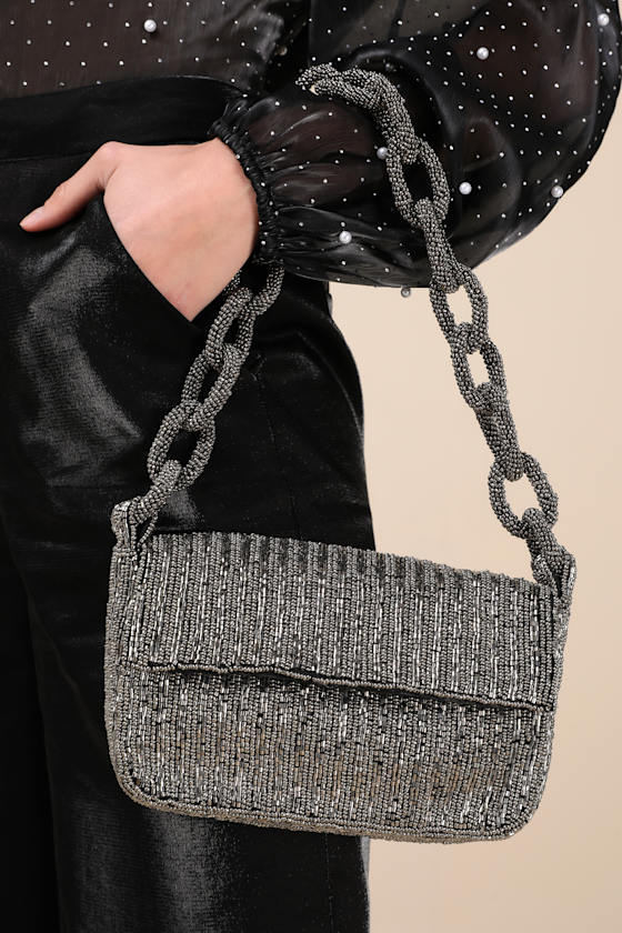 Grey Beaded Shoulder Bag - Chain Link Strap Bag - Shoulder Bag - Lulus