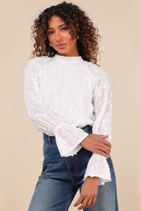 White Embroidered Top - Mock Neck Blouse - 3D Applique Top - Top - Lulus