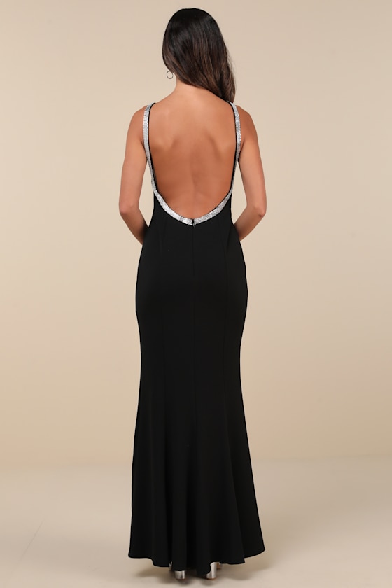 Black Mermaid Maxi Dress - Backless Dress - Rhinestone Trim Dress - Lulus