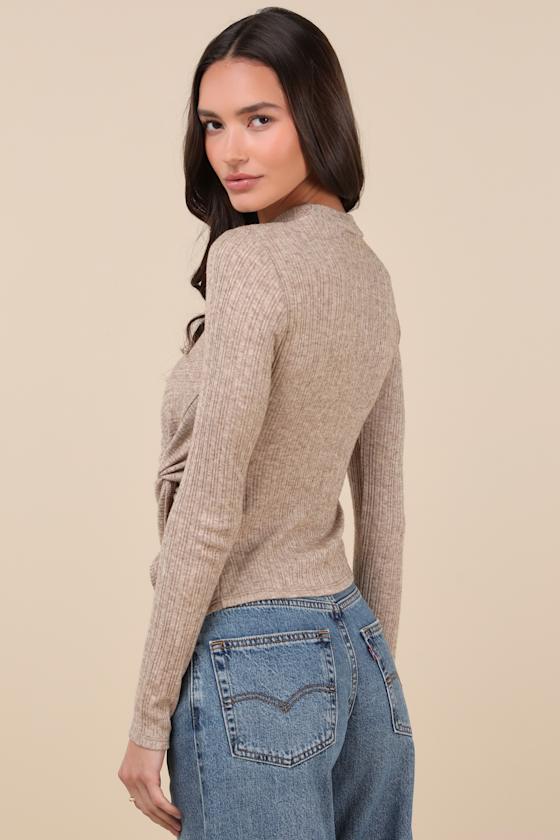 Heathered Tan Top - Long Sleeve Mock Neck Top - Knotted Knit Top - Lulus