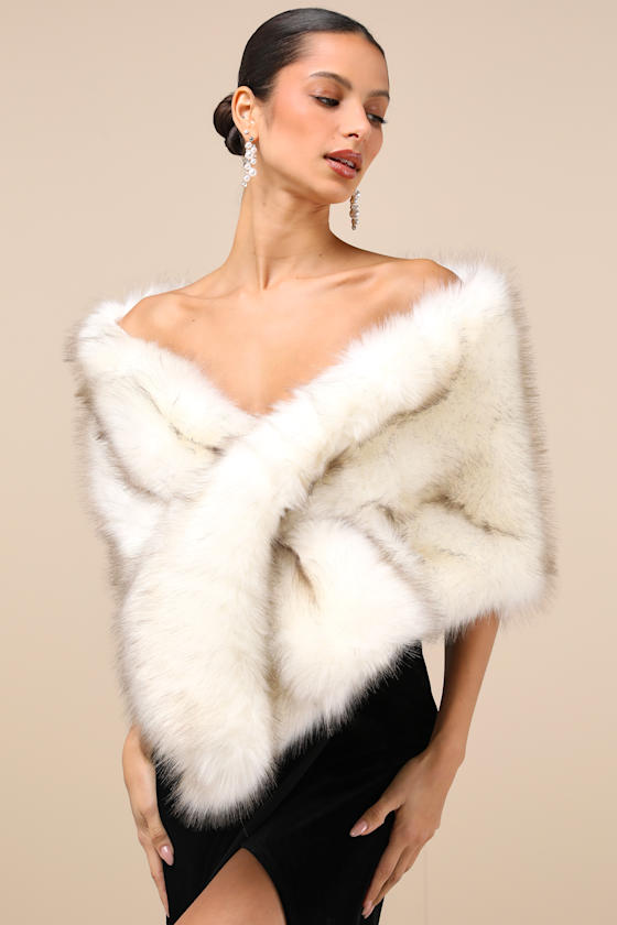 White Faux Fur Stole - Satin Reverse Stole - Two-Toned Fur Stole - Lulus