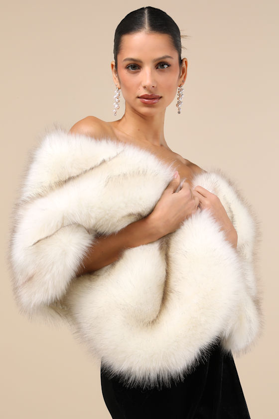 White Faux Fur Stole - Satin Reverse Stole - Two-Toned Fur Stole - Lulus