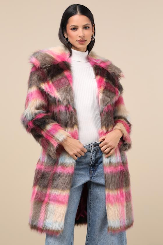 NVLT Fancy Plaid Coat - Brown & Pink Coat - Plaid Faux Fur Coat - Lulus