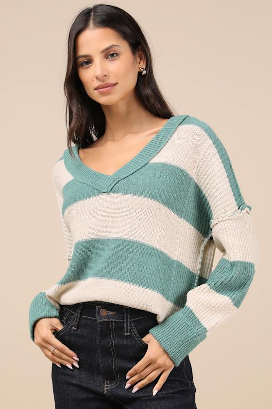 Green Striped Sweater - Drop Shoulder Pullover - V-Neck Sweater - Lulus
