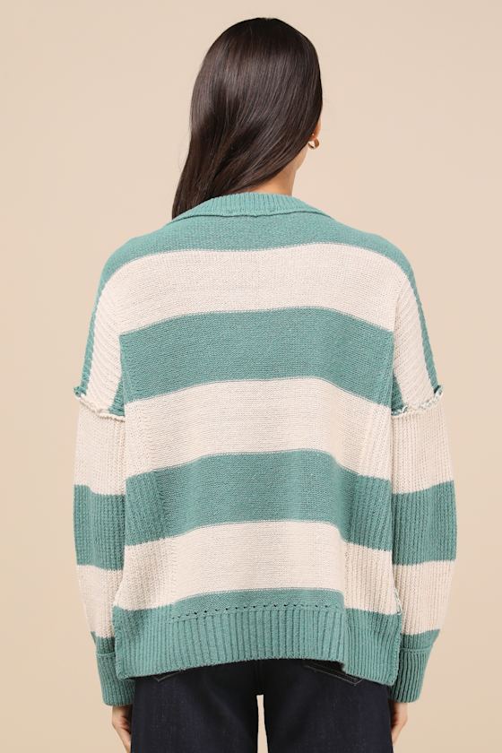 Green Striped Sweater - Drop Shoulder Pullover - V-Neck Sweater - Lulus