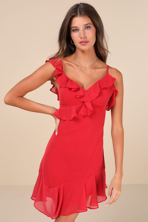 Red Mini Dress - Ruffled Mini Dress - Asymmetrical Dress - Lulus