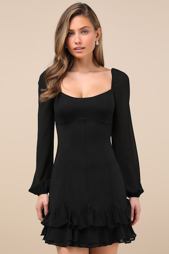 Black Ruffled Mini Dress - Long Sleeve Dress - Black Mini Dress - Lulus