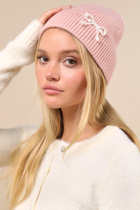 Light Pink Beanie - Fitted Beanie - Cuffed Beanie - Bow Beanie - Lulus