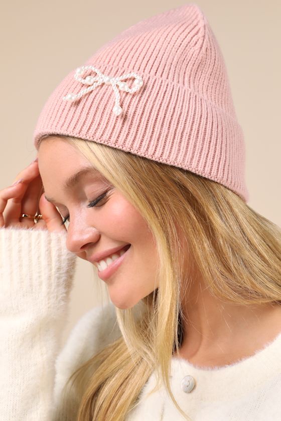 Light Pink Beanie - Fitted Beanie - Cuffed Beanie - Bow Beanie - Lulus