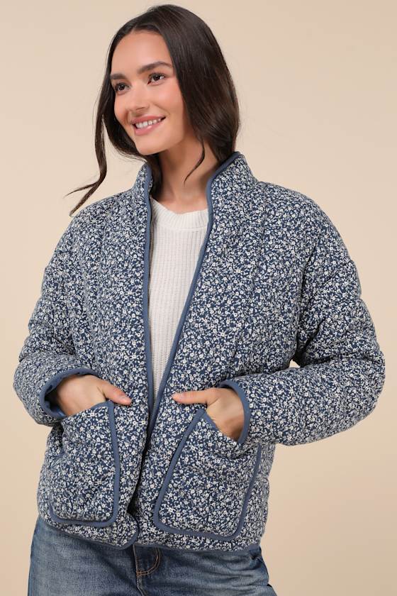 Blue Floral Jacket - Quilted Puffer Jacket - Zip-Front Jacket - Lulus