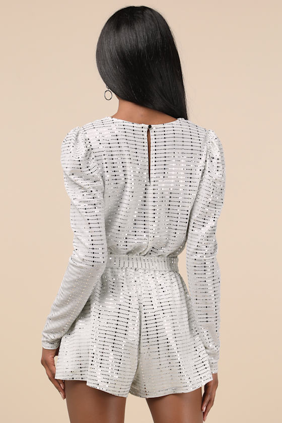 White Metallic Romper - Long Sleeve Romper - Shiny Romper - Lulus