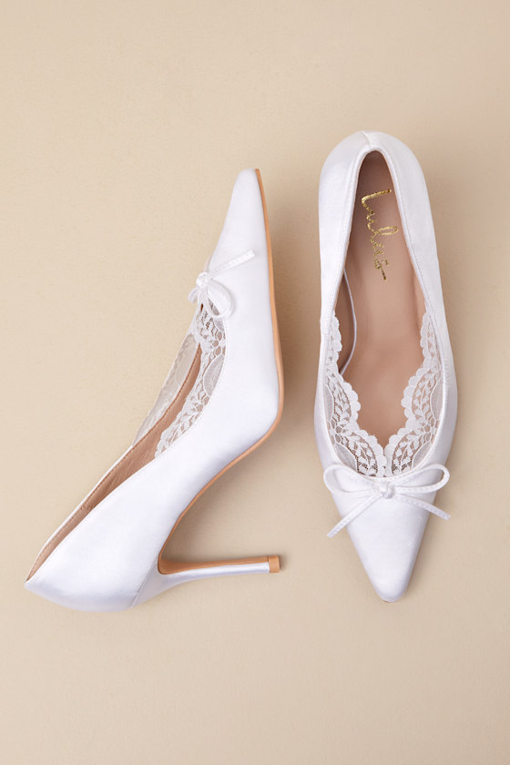 White Satin Pumps - Pointed-Toe Pumps - Lace-Trimmed Pumps - Lulus