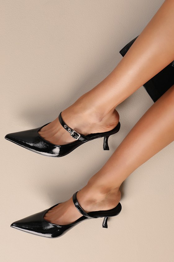 Billini Olinda Black - Black Patent Pumps - Kitten Heel Pumps - Lulus