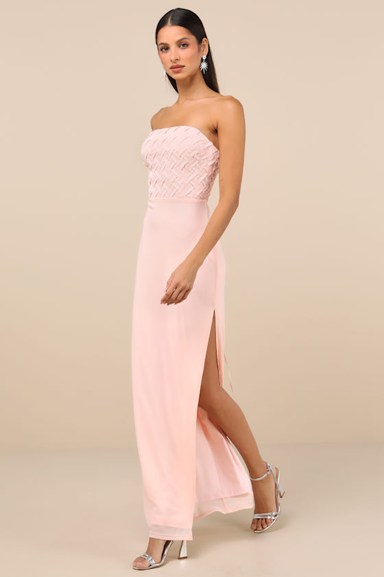 Lulus Stunning Concept Light Pink Mesh Rhinestone Strapless Maxi Dress | ModeSens