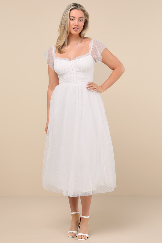 White Mesh Midi Dress - A-Line Dress - Off-the-Shoulder Dress - Lulus