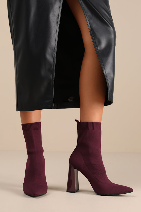 Wine Ribbed Knit Boots - Knit Sock Boots - High Heel Ankle Boots - Lulus