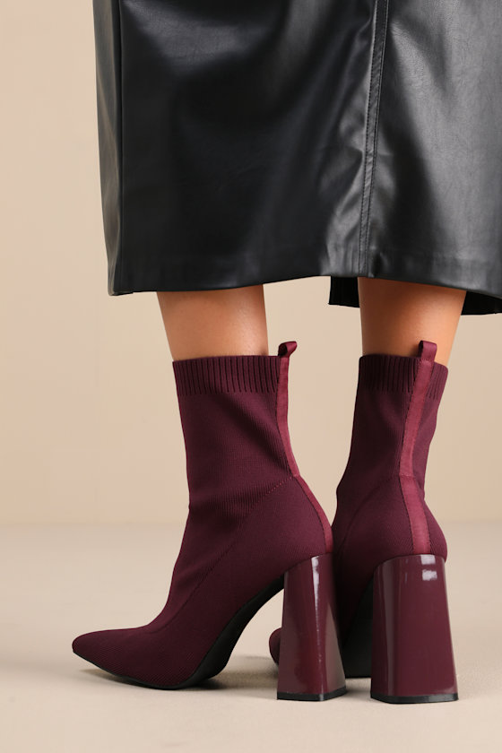 Wine Ribbed Knit Boots - Knit Sock Boots - High Heel Ankle Boots - Lulus