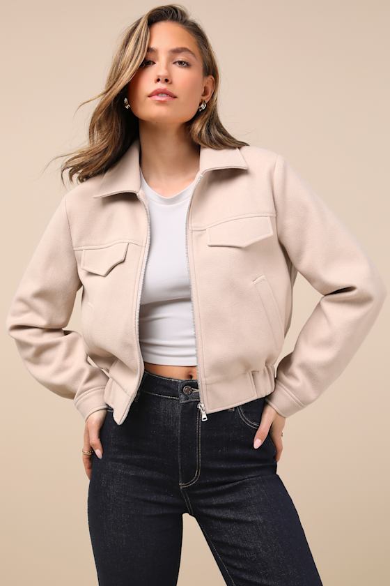 Beige Bomber Jacket - Wool-Like Jacket - Collared Bomber Jacket - Lulus