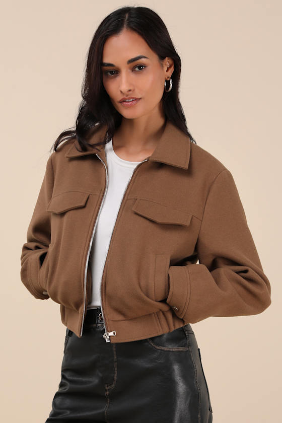 Brown Bomber Jacket - Wool-Like Jacket - Collared Bomber Jacket - Lulus