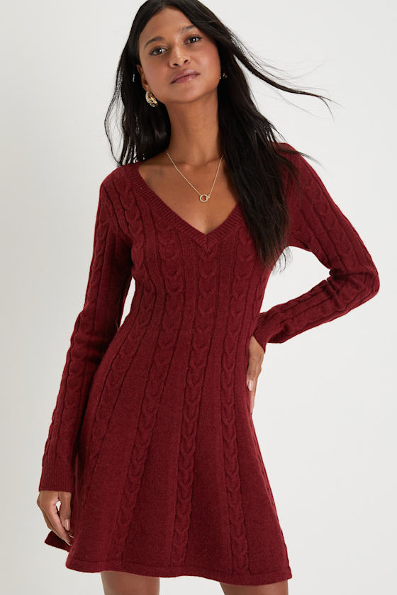 Burgundy Cable Knit Dress - Sweater Mini Dress - A-Line Dress - Lulus