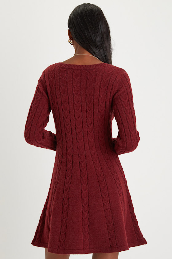 Burgundy Cable Knit Dress - Sweater Mini Dress - A-Line Dress - Lulus