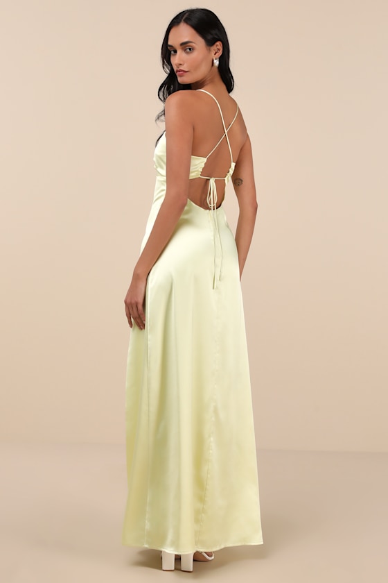 Light Yellow Satin Dress - Backless Maxi Dress - Pleated Dress - Lulus