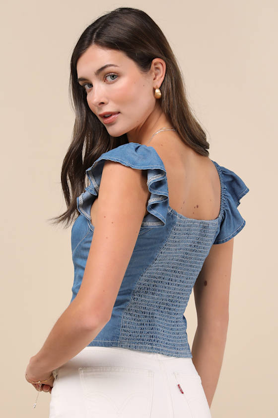 Blue Chambray Bustier Top - Flutter Sleeve Top - Button-Front Top - Lulus