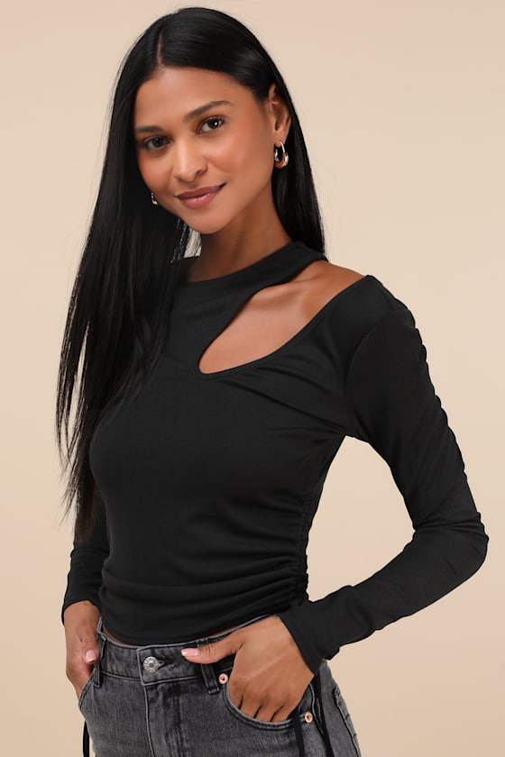 Black Long Sleeve Top - Drawstring Ruched Top - Cutout Crop Top - Lulus