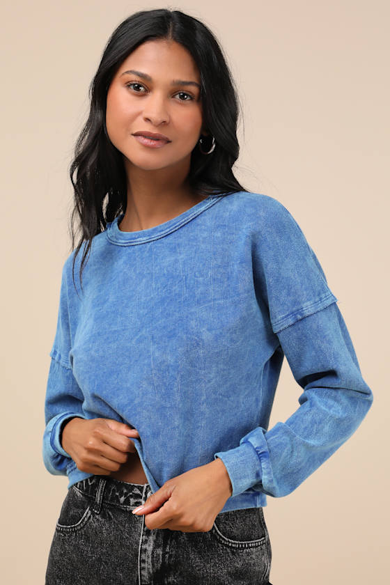 Washed Blue Sweater - Cropped Sweater Top - Pullover Sweater Top - Lulus