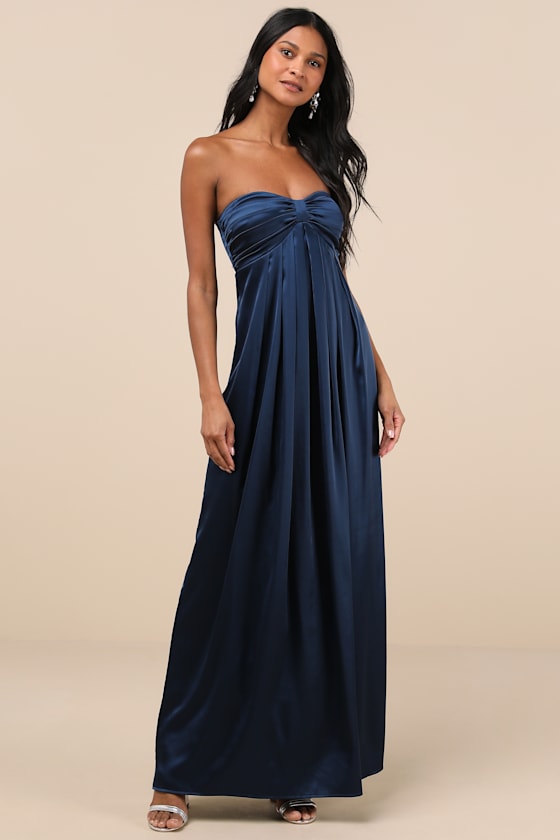 Lulus Memorable Entrance Dark Blue Strapless Satin Maxi Dress | ModeSens