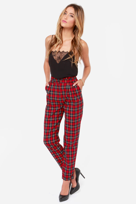 Cute Plaid Pants - Red Pants - Navy Blue Pants - Tapered Pants - $49.00 ...