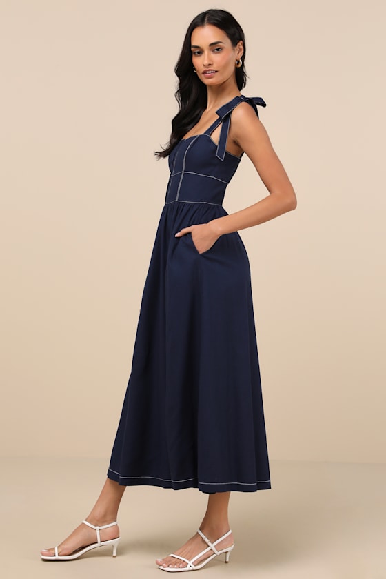 Dark Blue Midi Dress - Dress With Pockets - Tie-Strap Midi Dress - Lulus