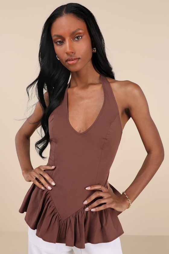 Brown Halter Top - Ruffled Peplum Top - Backless Basque Waist Top - Lulus