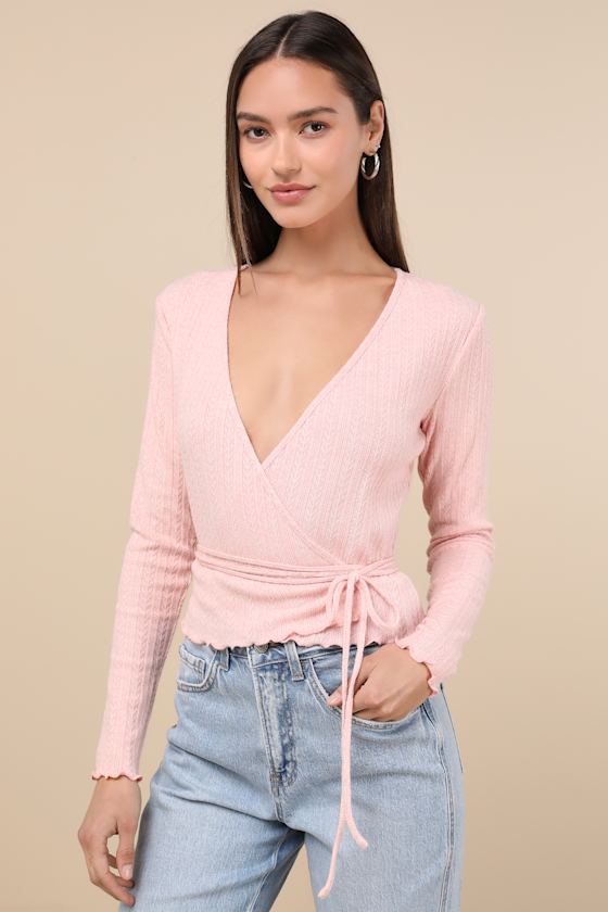 Pink Pointelle Top - Long Sleeve Wrap Top - Surplice Wrap Top - Lulus
