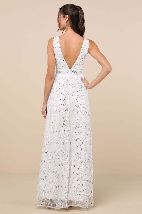 White Sequin Maxi Dress - Plunge Neck Dress - Sequin Mesh Dress - Lulus