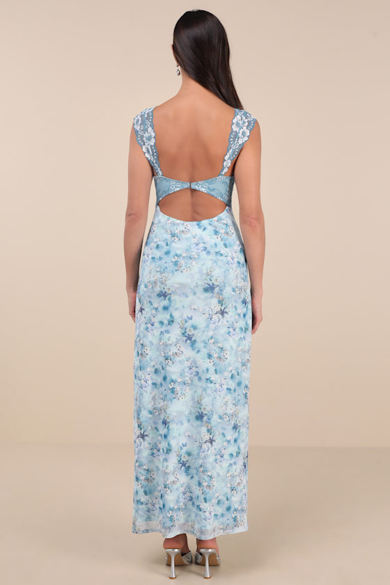 Blue Floral Dress - Cutout Lace Dress - Lacy Mesh Maxi Dress - Lulus